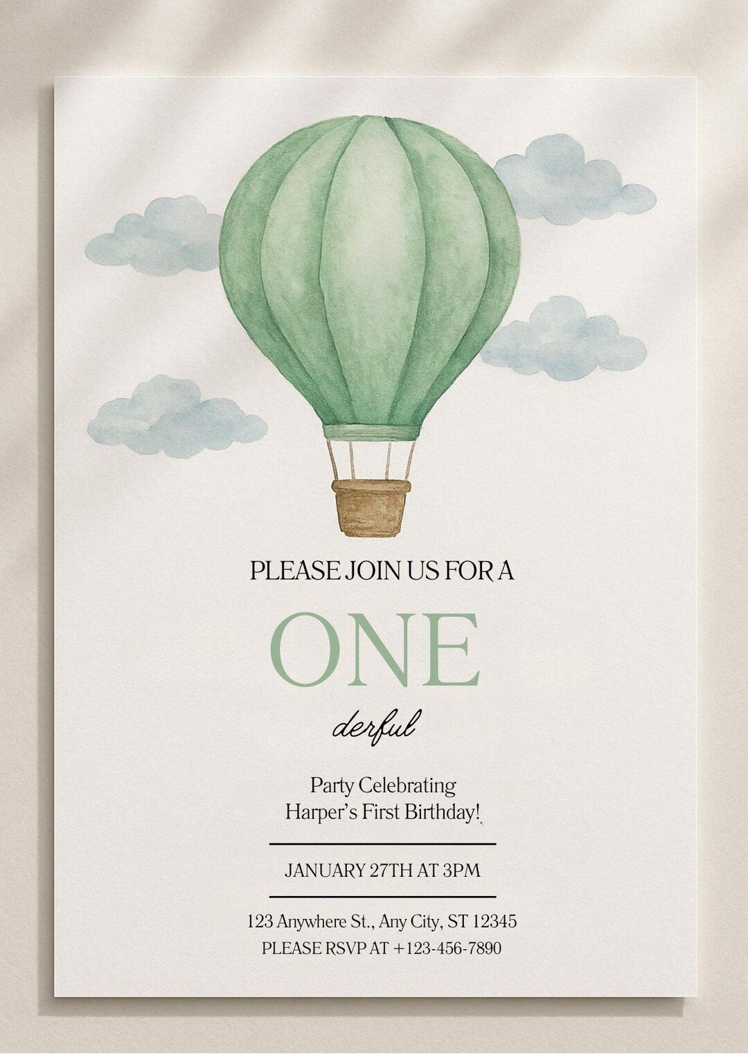Hot Air Balloon First Birthday Invitation – "one-derful" Watercolor ...