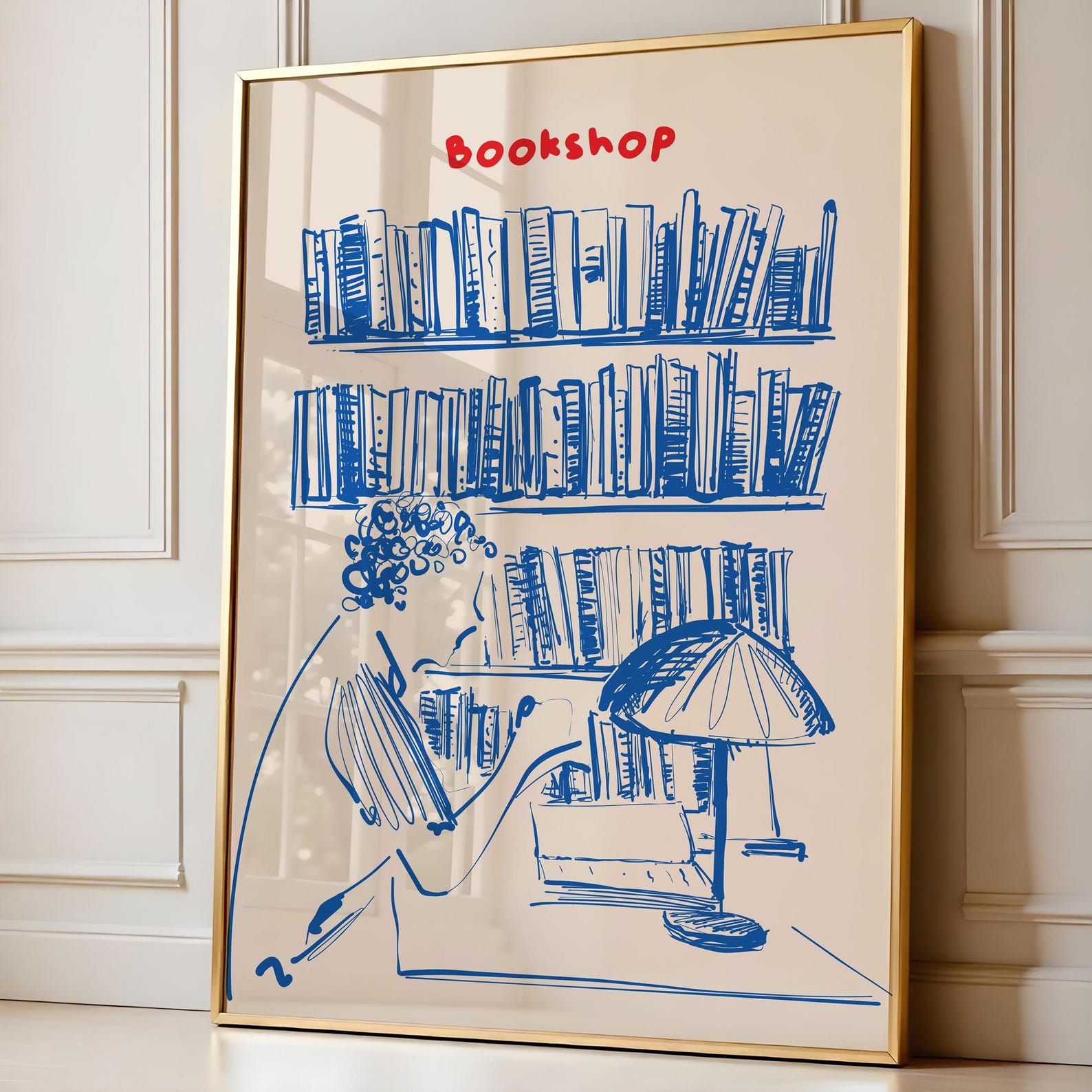 Vintage Bookshop Poster, Hand Drawn Print, Trendy Ink Bleed Style ...