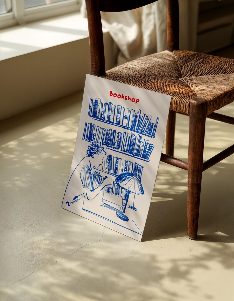 Vintage Bookshop Poster, Hand Drawn Print, Trendy Ink Bleed Style ...