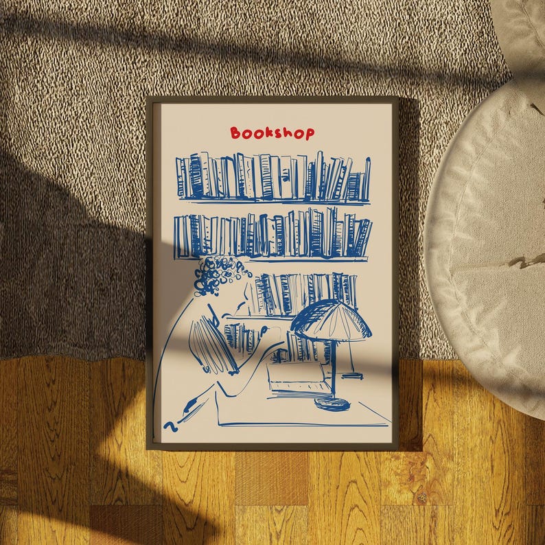 Vintage Bookshop Poster, Hand Drawn Print, Trendy Ink Bleed Style ...