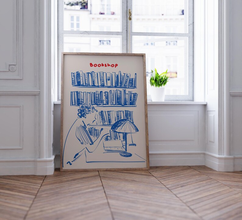 Vintage Bookshop Poster, Hand Drawn Print, Trendy Ink Bleed Style ...
