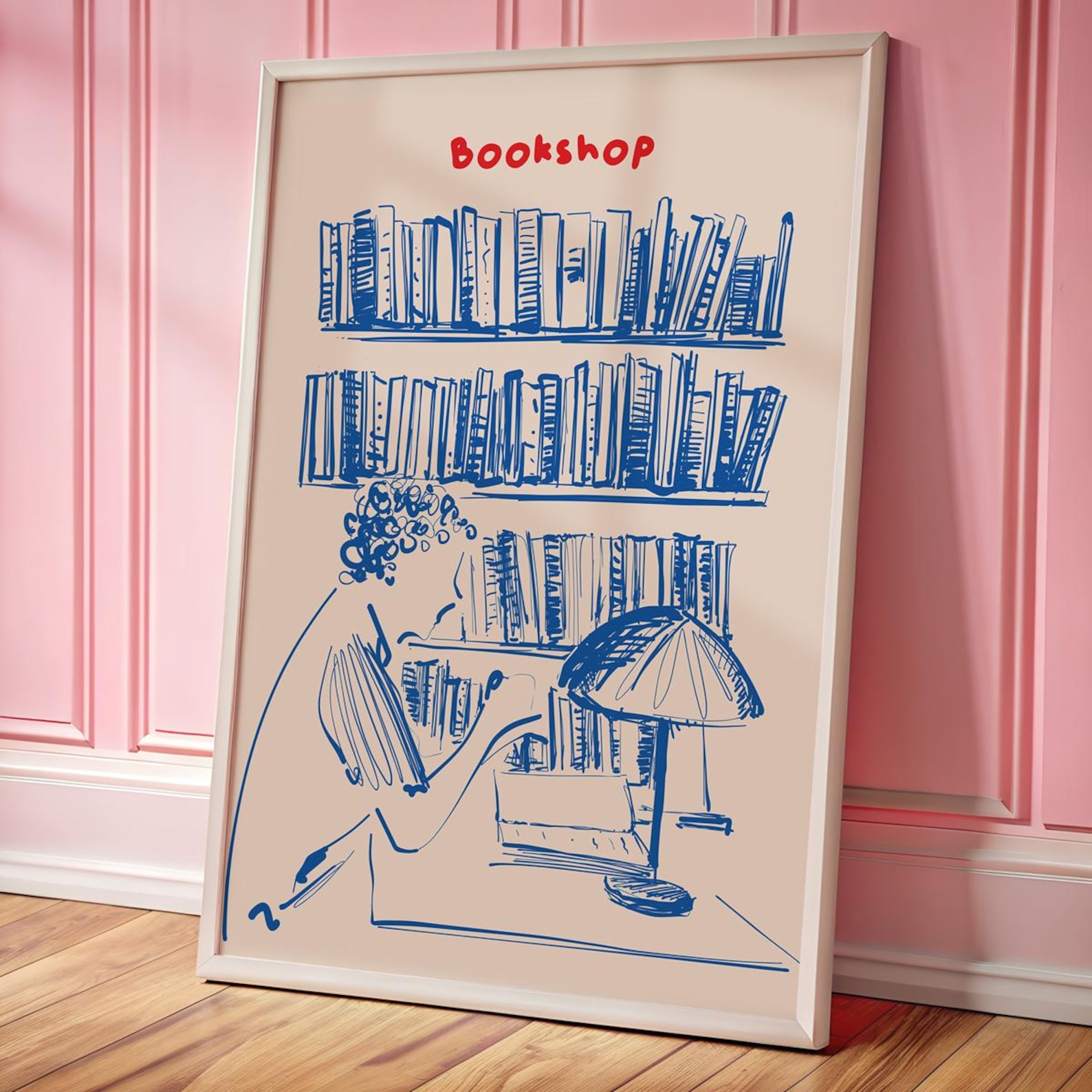 Vintage Bookshop Poster, Hand Drawn Print, Trendy Ink Bleed Style ...