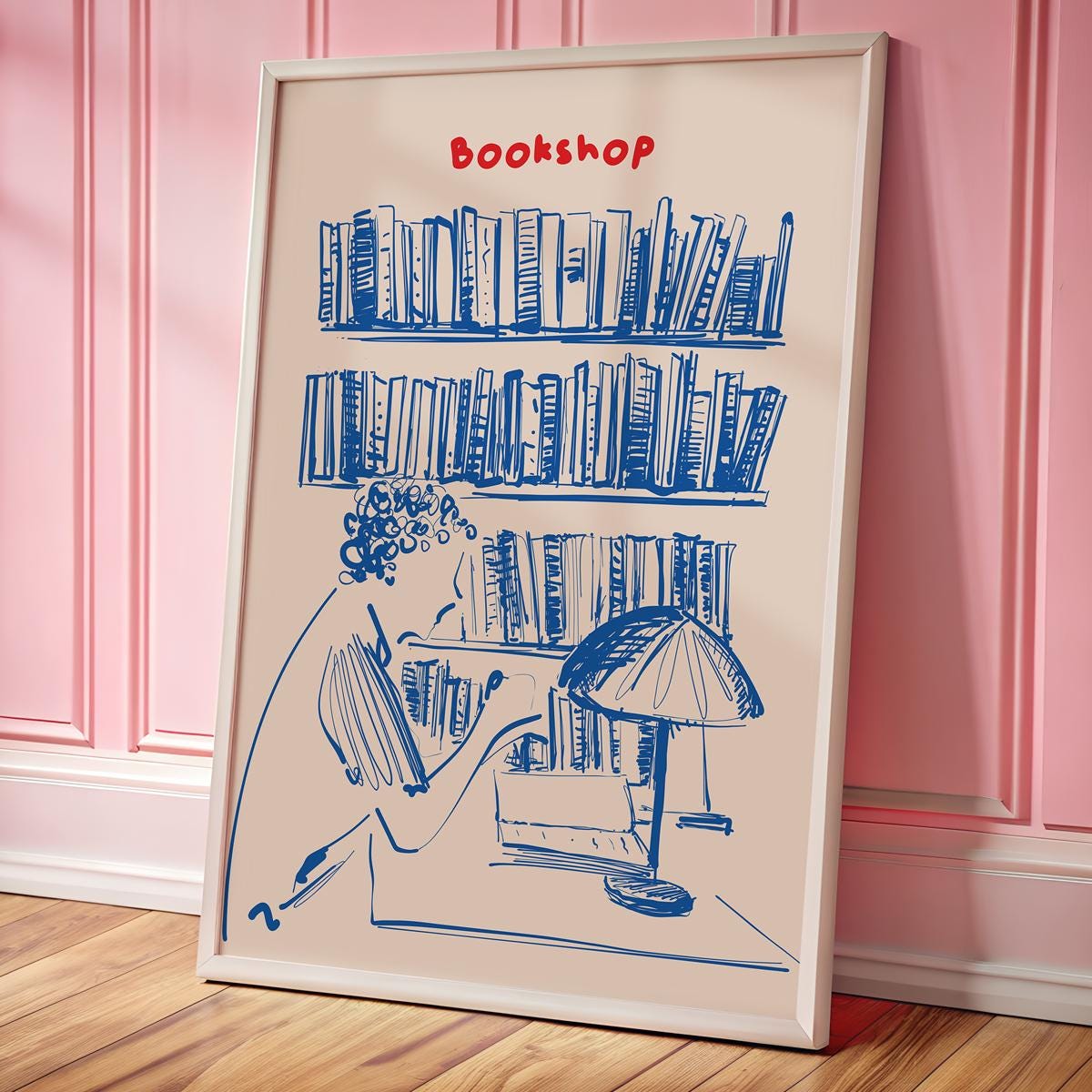 Vintage Bookshop Poster, Hand Drawn Print, Trendy Ink Bleed Style ...