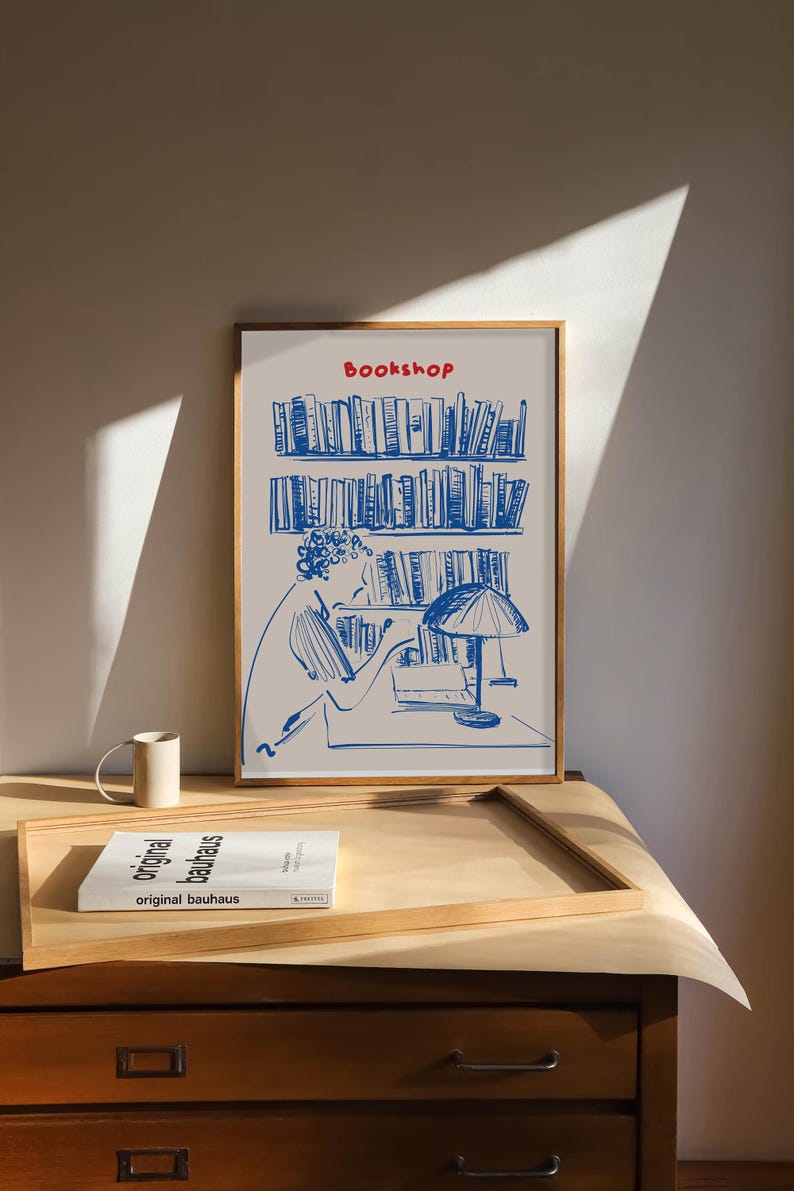 Vintage Bookshop Poster, Hand Drawn Print, Trendy Ink Bleed Style ...