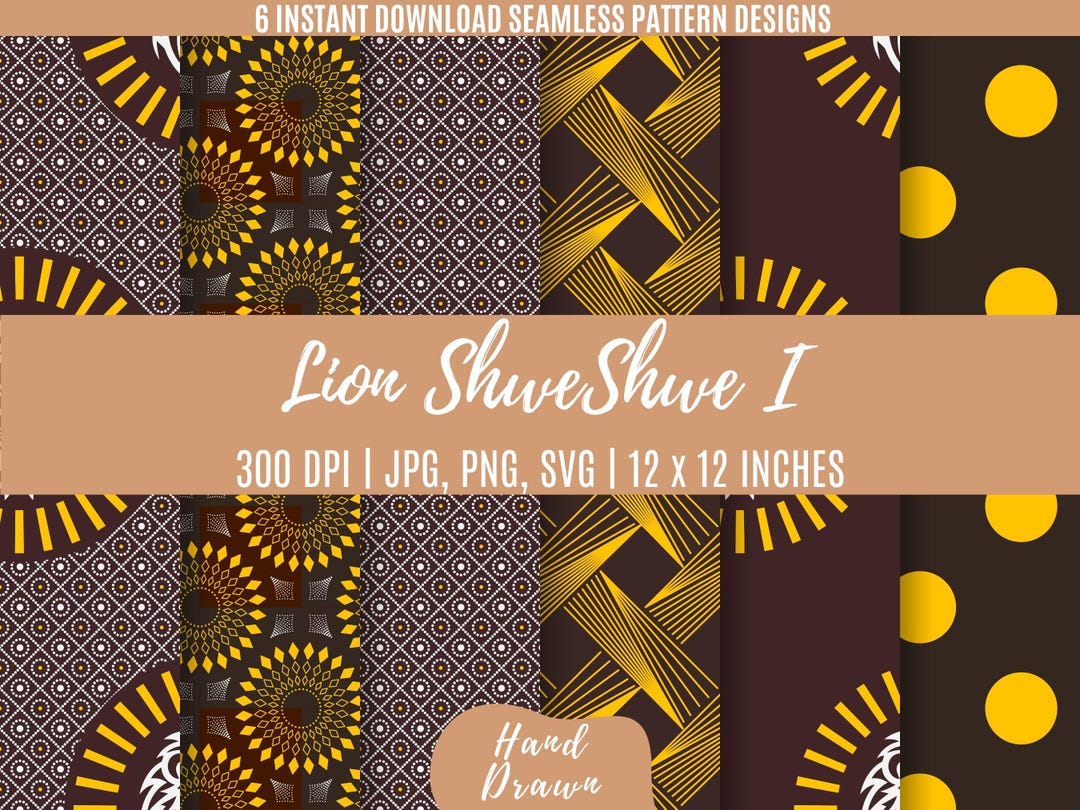 6 Lion Shweshwe Seamless Vector Pattern Tiles, Hand Drawn SVG, PNG, JPG ...