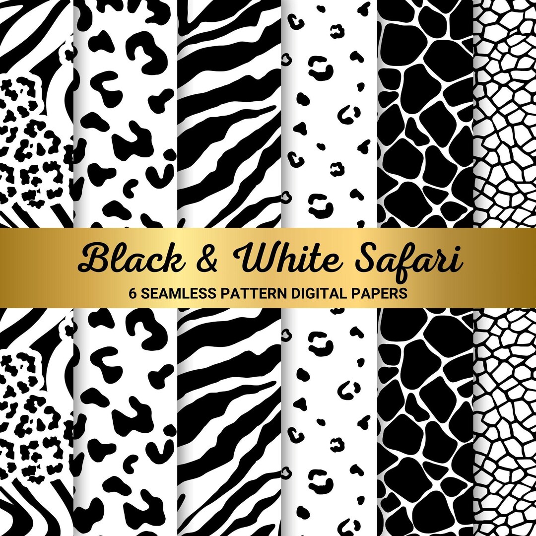 6 Black & White Safari Seamless Pattern Tiles, African Wildlife Digital ...