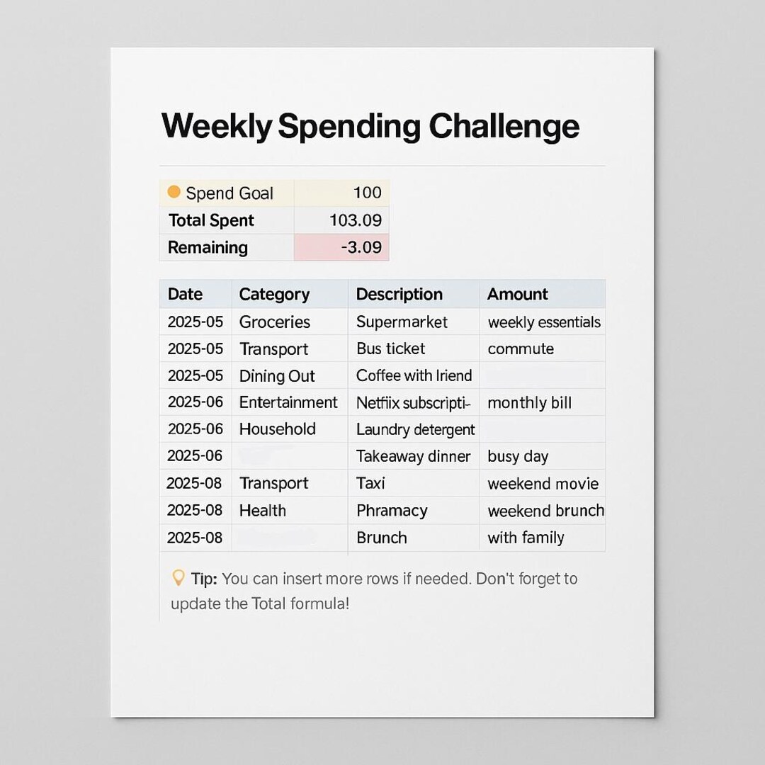 Weekly Spending Tracker Excel Template – Budget Challenge Sheet ...