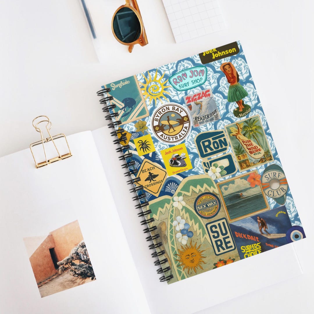Vintage Surf Collage Notebook | Retro Surfing Aesthetic Spiral Journal ...