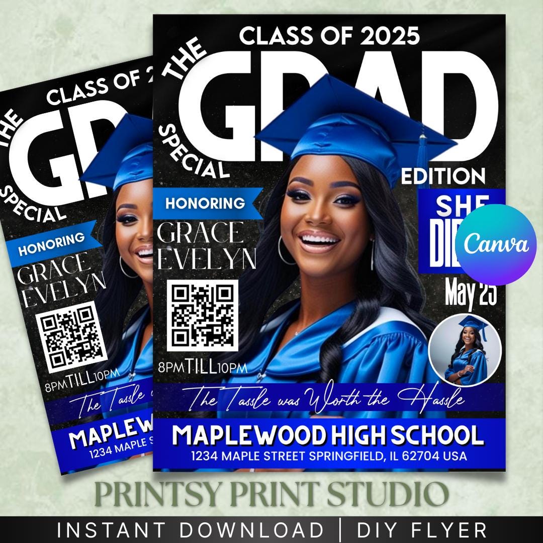 Graduation Invite Magazine Style, Blue DIY Editable Flyer Template ...