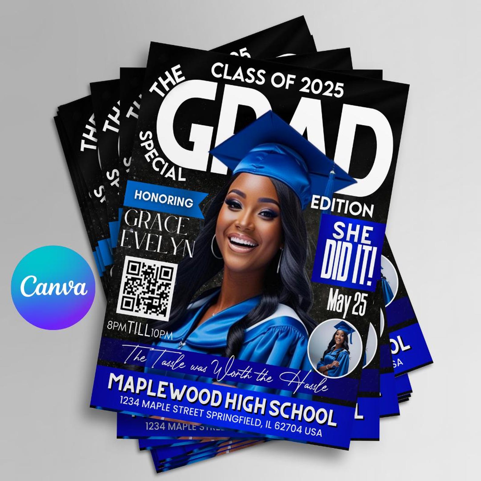 Graduation Invite Magazine Style, Blue DIY Editable Flyer Template ...