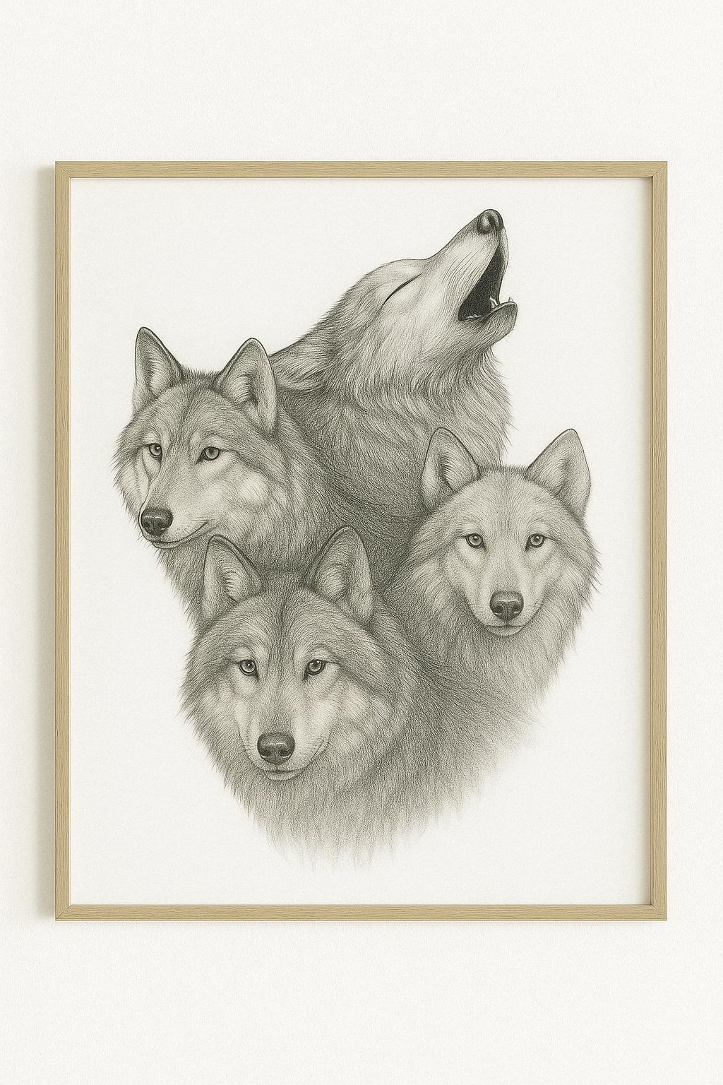 Wolf Pack Pencil Drawing: Realistic Wildlife Art Print (digital ...