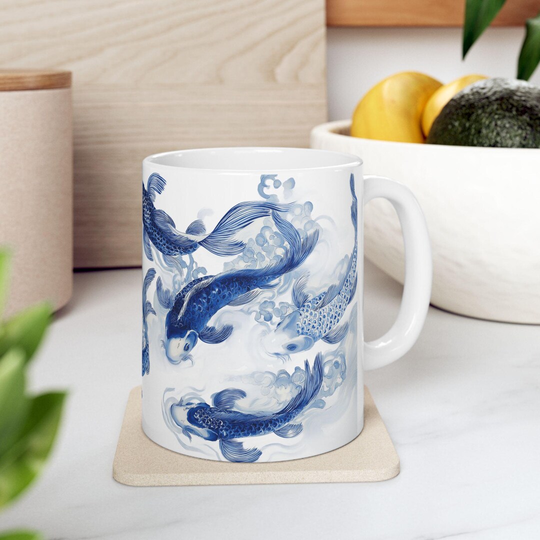 Koi Fish Ceramic Mug, Blue Aesthetic Cup for Tea Coffee Lovers, Great ...