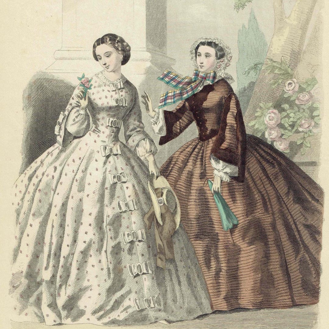 1859 Modes De Paris Fashion No.12 Print - Victorian Ladies With Bonnets ...