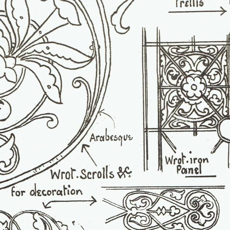 1898 Ornamental Ironwork Architecture Print - Wrought Iron Arabesque ...