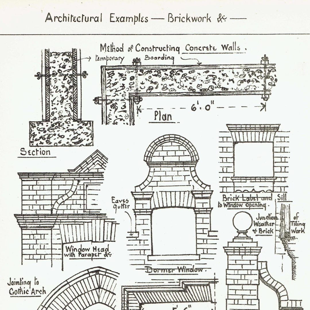 1898 Brickwork Concrete Wall, Dormer, Arch, Gate Pier Architectural ...