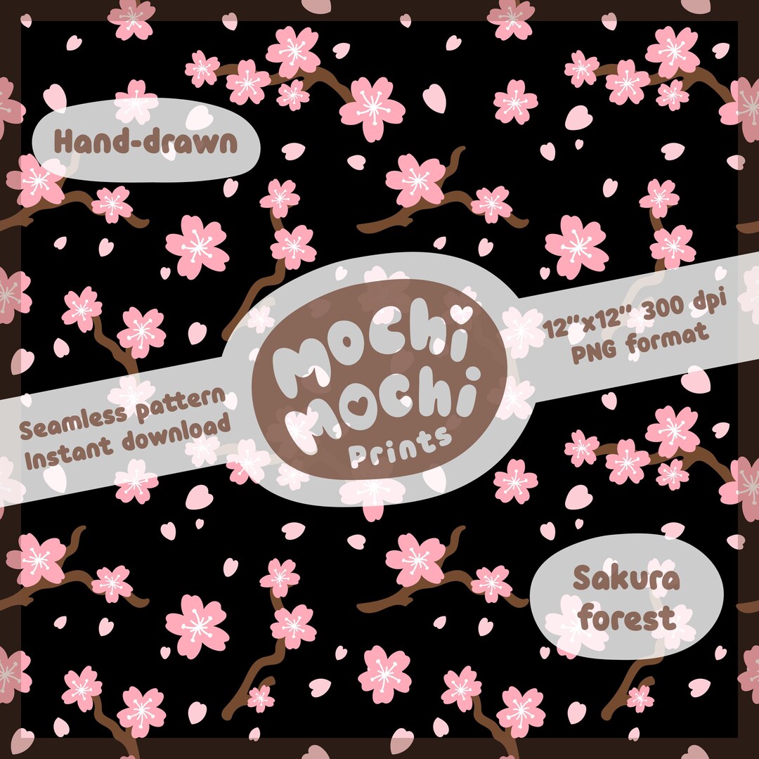 Sakura Cherry Blossom Seamless Pattern: Black Spring Fabric (digital ...