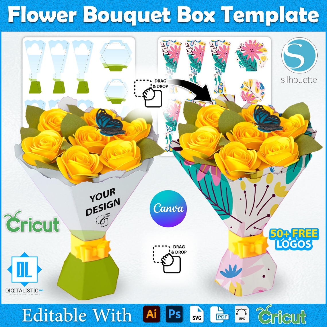 Flower Bouquet Box Template, Flower Box, Flower Bouquet, Gift Box, Rose ...
