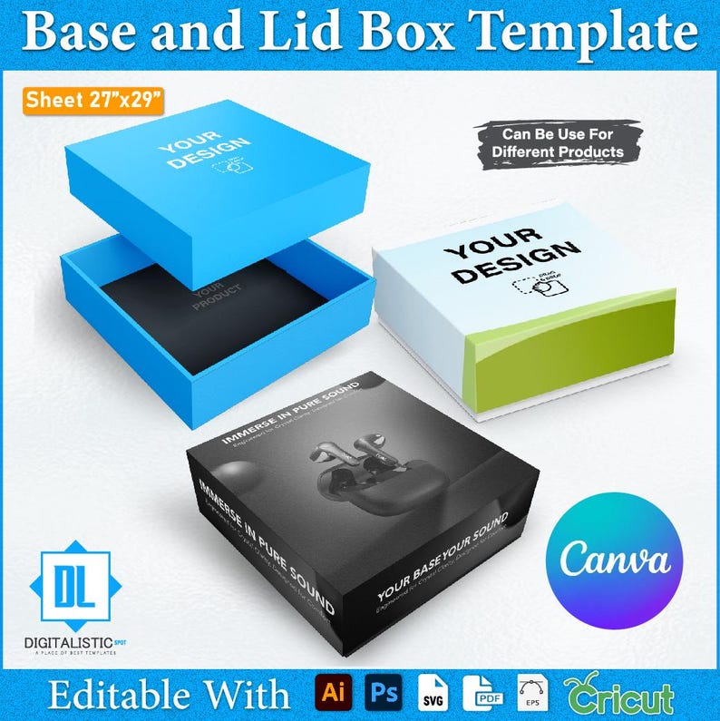 Lid and Base Box Template, Lid and Base Box, Earbuds Box, Lid Box ...