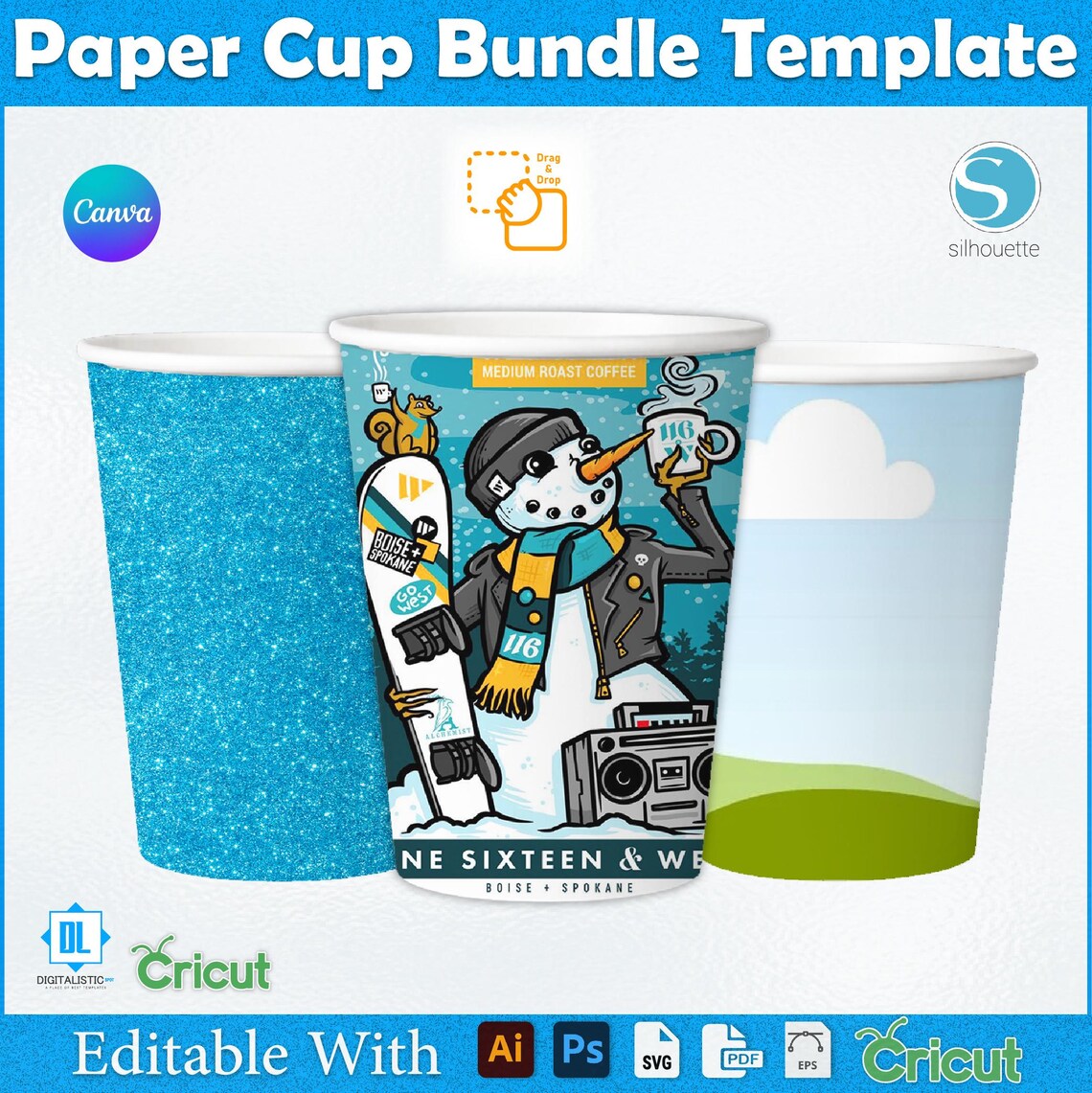 Paper Cup Wrapper Template Bundle, 4oz - 8oz - 9oz - 12oz - 16oz -22oz ...