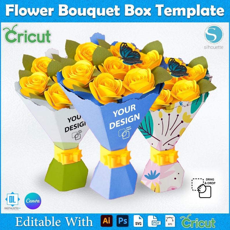 Flower Bouquet Box Template, Flower Box, Flower Bouquet, Gift Box, Rose ...