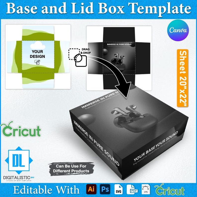 Lid and Base Box Template, Lid and Base Box, Earbuds Box, Lid Box ...