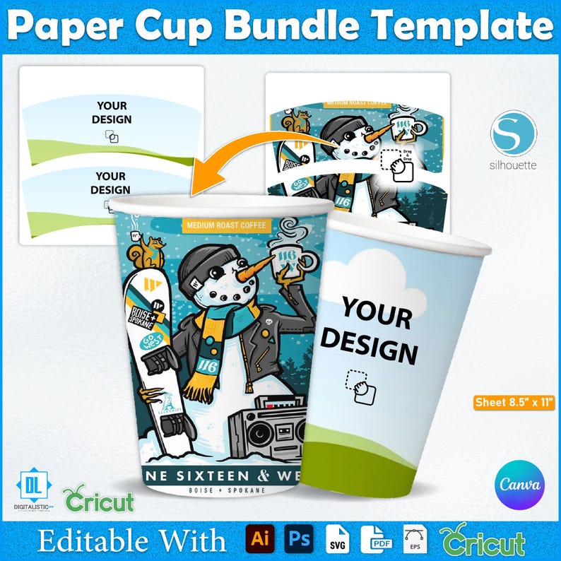 Paper Cup Wrapper Template Bundle, 4oz - 8oz - 9oz - 12oz - 16oz -22oz ...