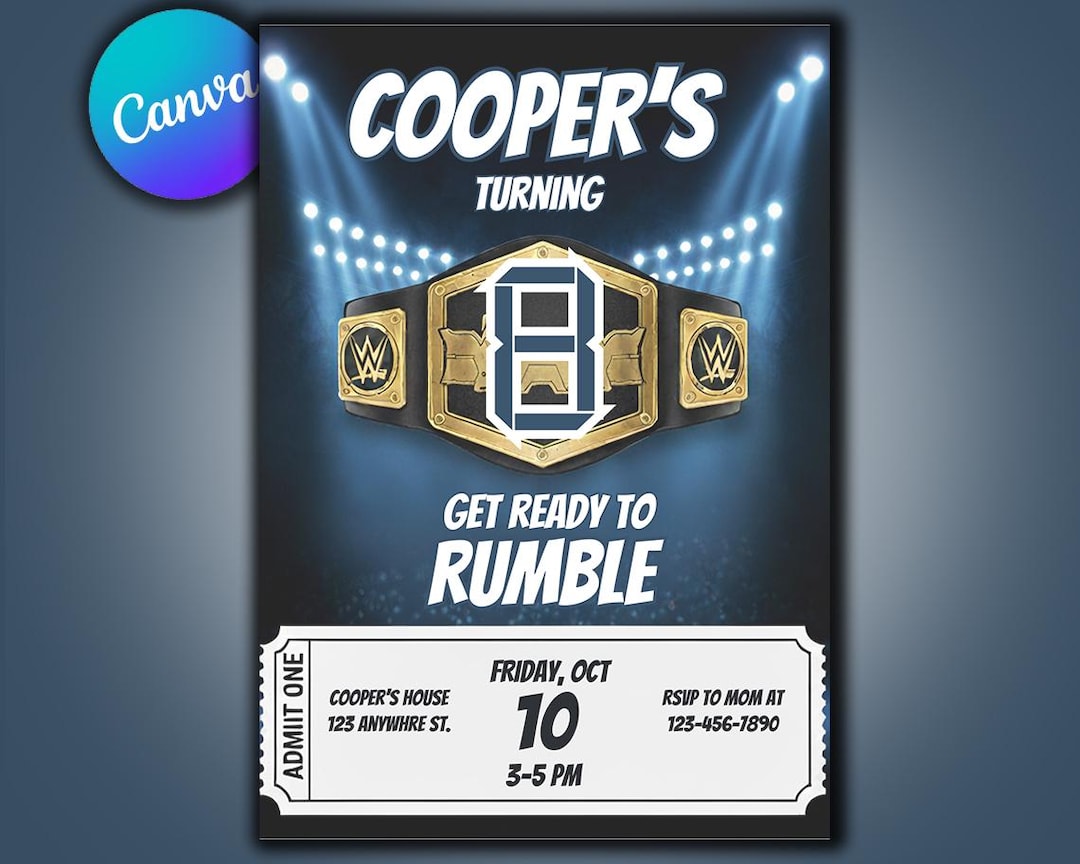 Wrestling Birthday Invitation: Championship Belt, Editable Template ...