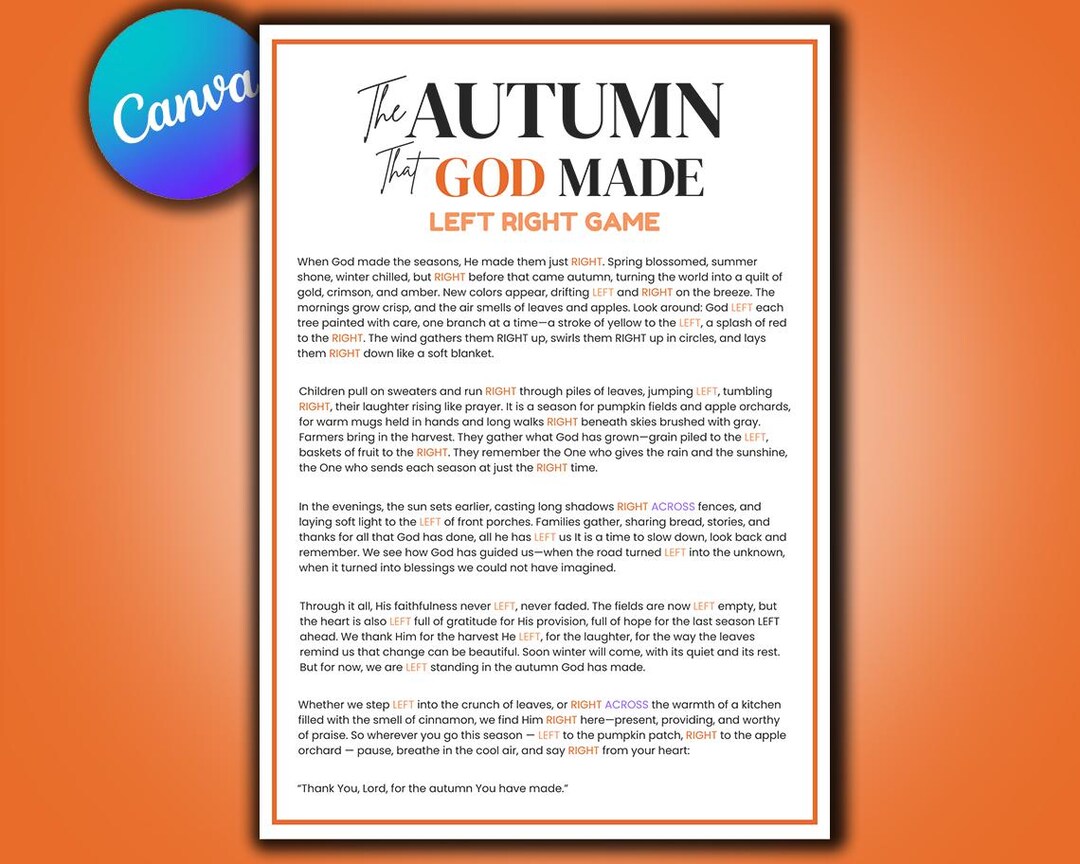 The Autumn That God Made Left Right Game, Fall Bible Game, Sunday ...