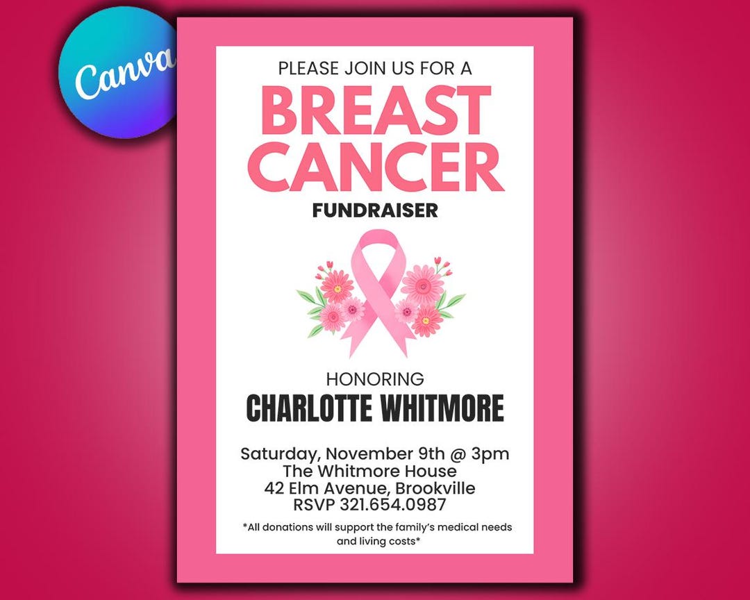Breast Cancer Fundraiser Invitation: Editable Canva Template (PDF ...