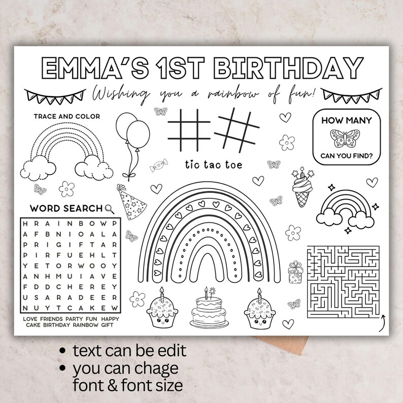 Rainbow Birthday Activity Sheet: Printable Kids Party Game (PDF) - Etsy