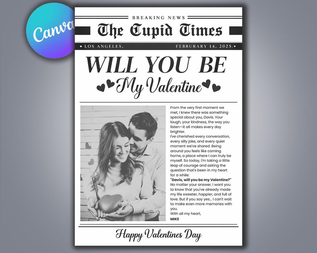 Editable Valentine's Day Newspaper Template (canva, Printable, DIY ...