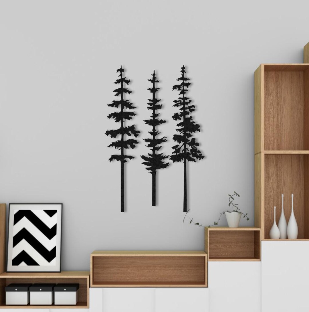 Metal Pine Tree Wall Decor, Forest Evergreen Art, Farmhouse Fireplace ...
