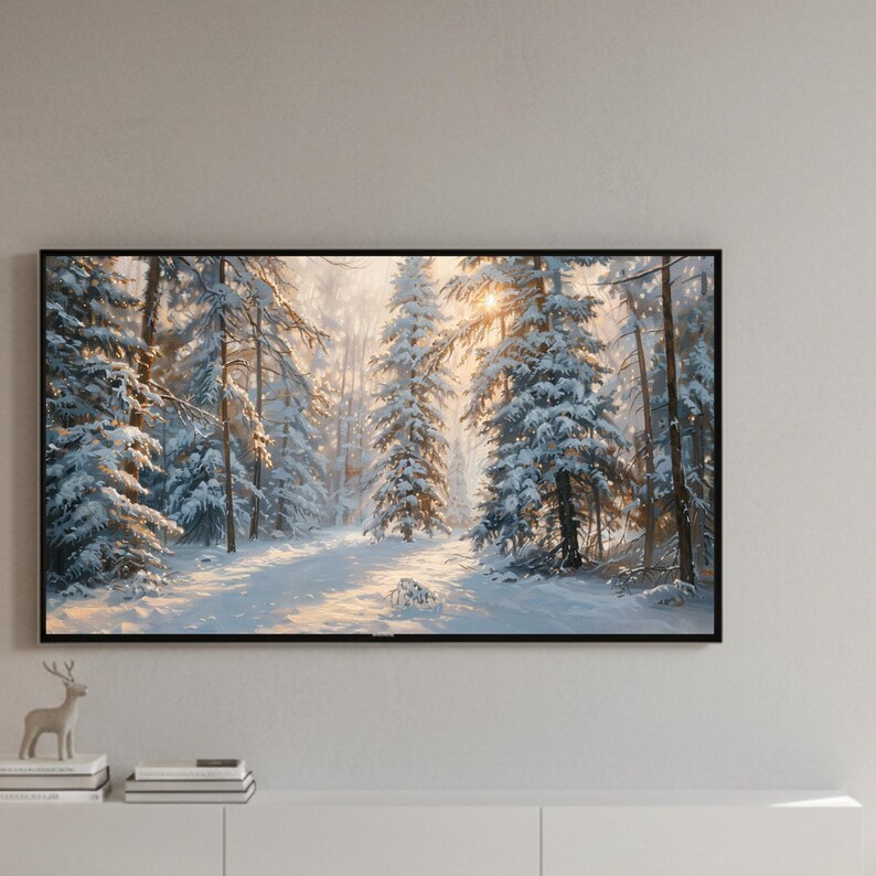 Snowy Evergreen Trees Frame TV Art, Winter Forest Artful Holiday TV ...