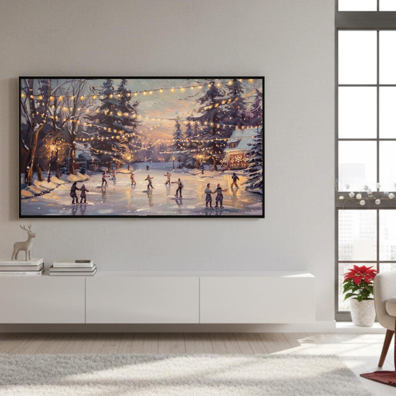 Winter Ice Skating Frame TV Art | Cozy Holiday Village Scene | 4K ...