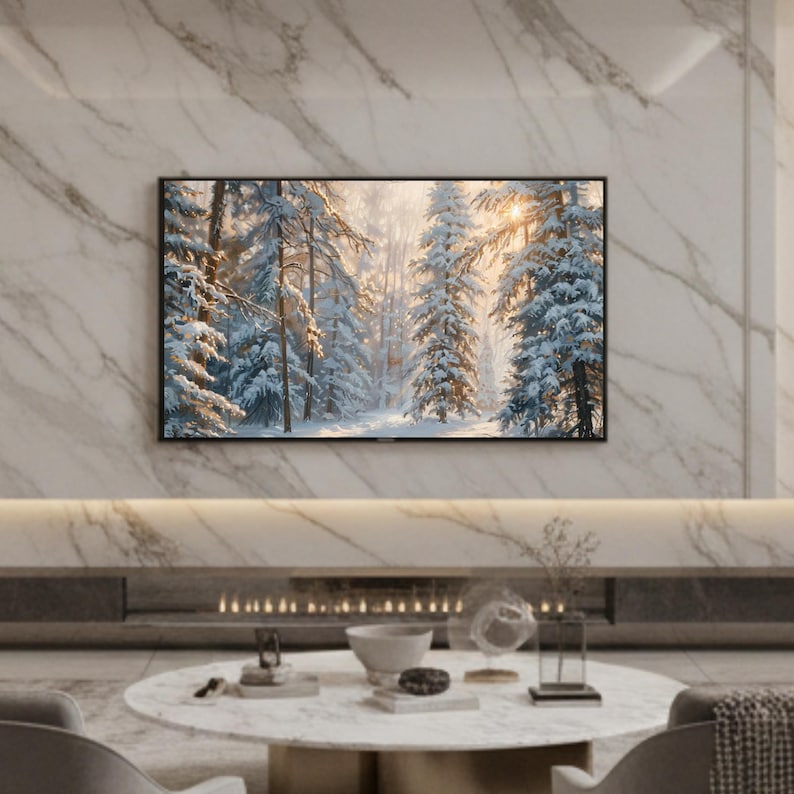 Snowy Evergreen Trees Frame TV Art, Winter Forest Artful Holiday TV ...