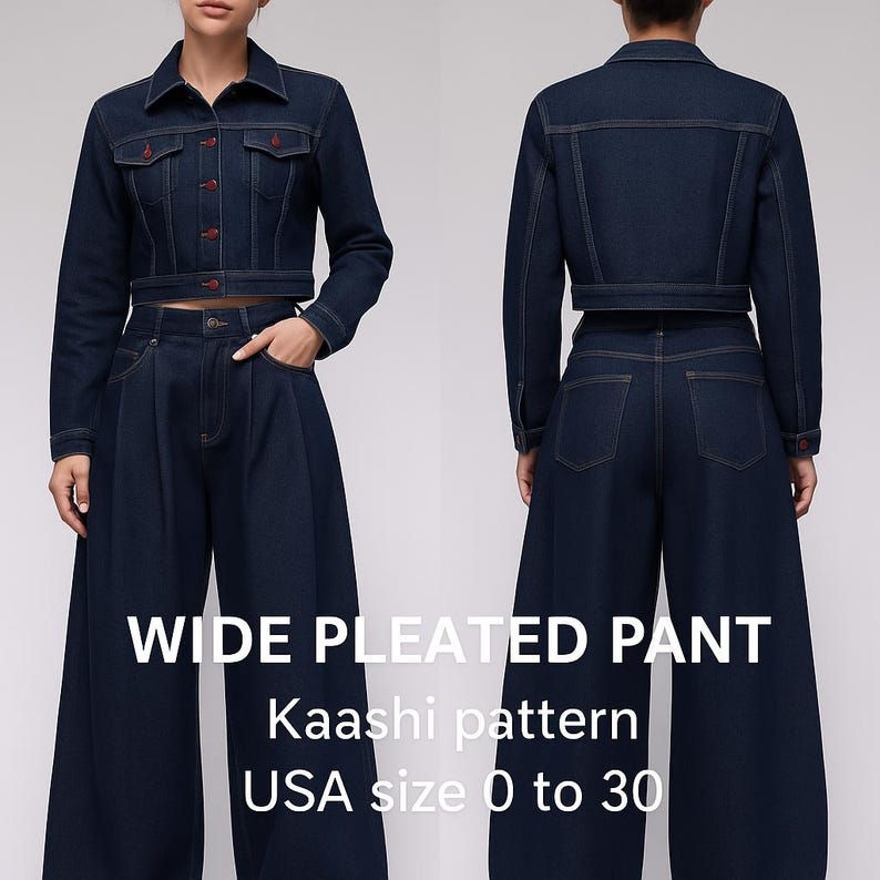 Pleated Denim Set Sewing Pattern, Wide Leg Pants, Cropped Jacket ...
