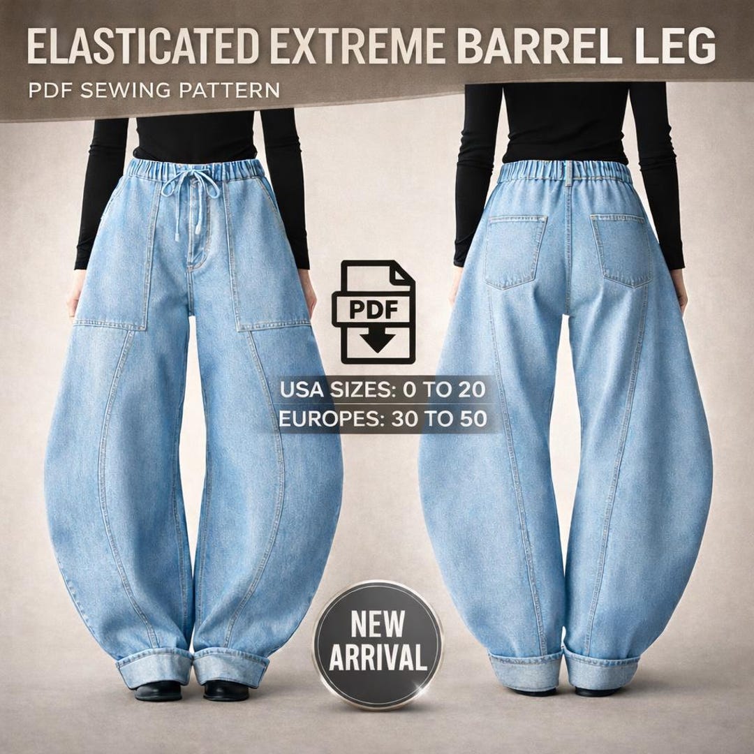 Barrel Leg Pants Sewing Pattern – Elastic Waist Denim (PDF Pattern ...
