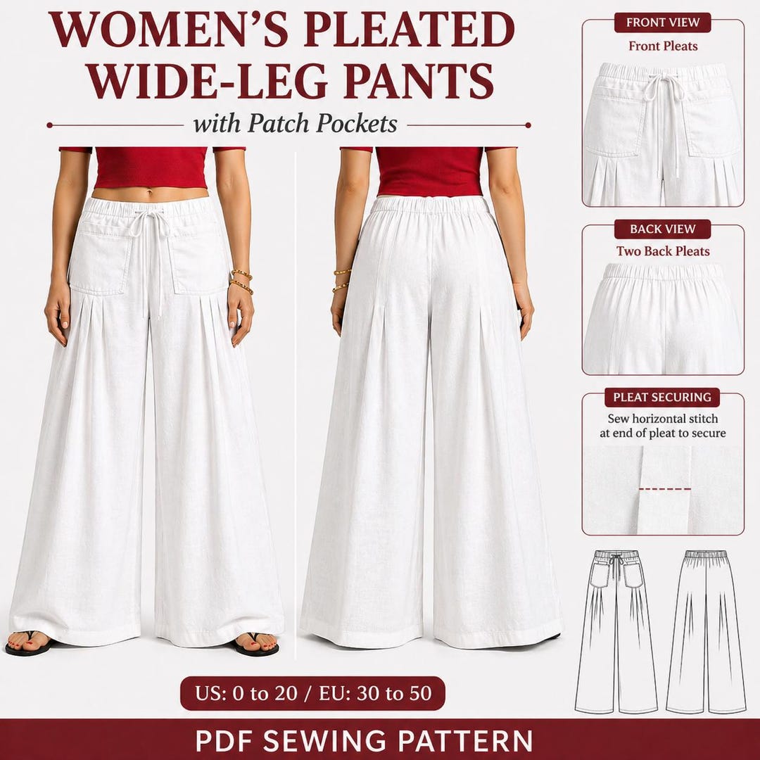 Women's Pleated Linen Wide Leg Pants PDF Sewing Pattern | Palazzo ...