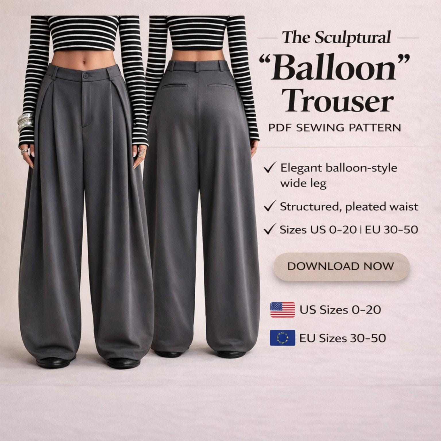 Balloon Trousers Sewing Pattern | Sculpted Wide Leg Pants (PDF Pattern ...