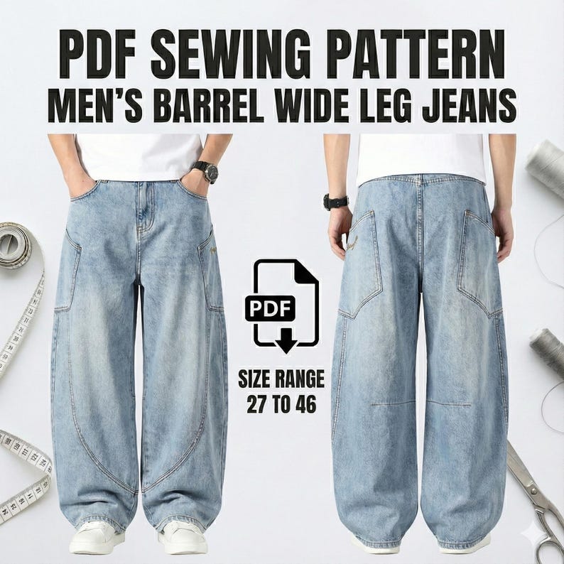 Men's Barrel Leg Jeans Sewing Pattern | Oversized Baggy Jeans (PDF ...