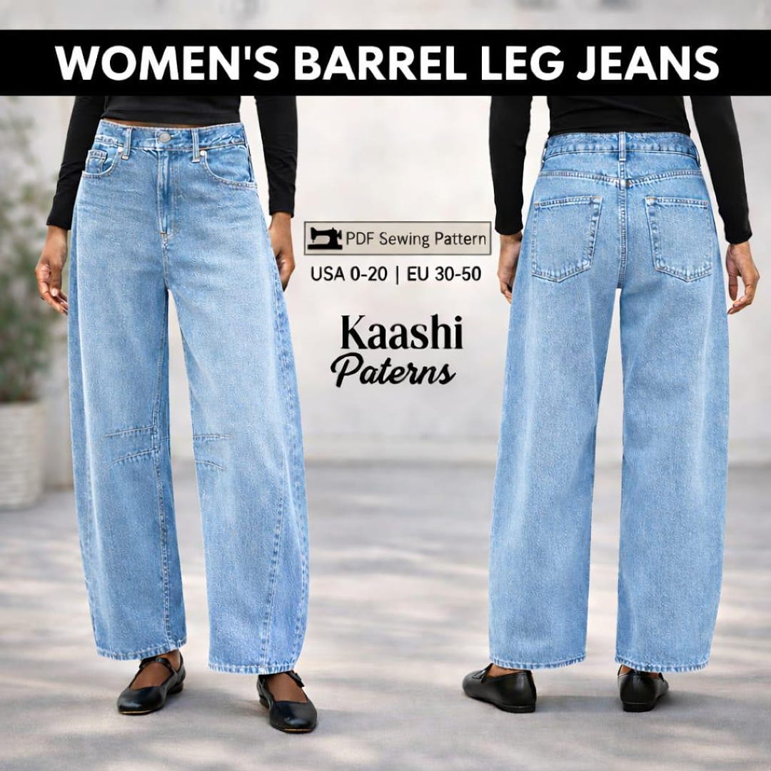 Barrel Leg Jeans Sewing Pattern – Wide Fit, Sizes 0-20 US (PDF Pattern ...