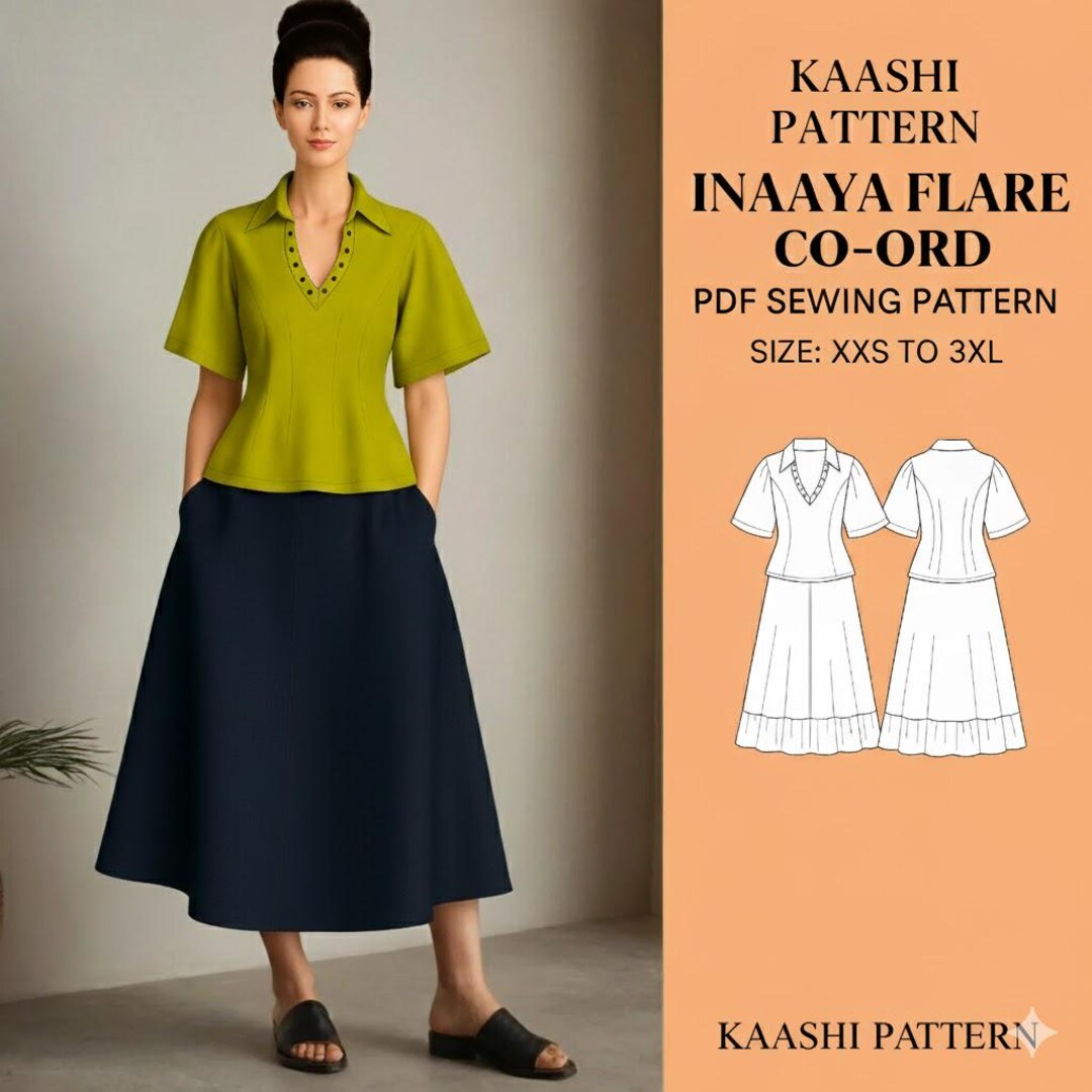 Flare Co-ord Set PDF Sewing Pattern: Kimono Sleeve Top & A-line Skirt ...