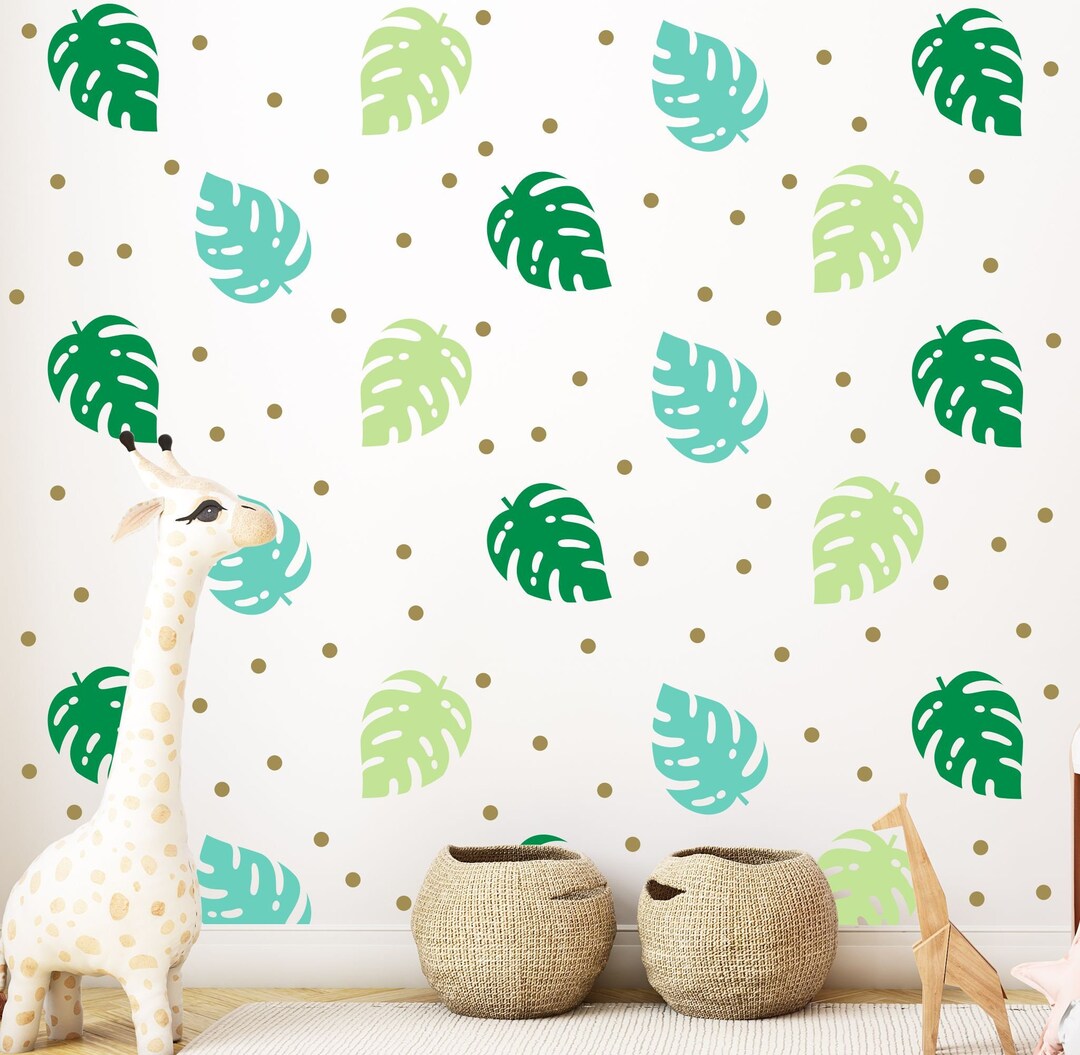 Tropical Jungle Monstera Leaves Wall Decals Set, Polka Dots Wall Decal ...