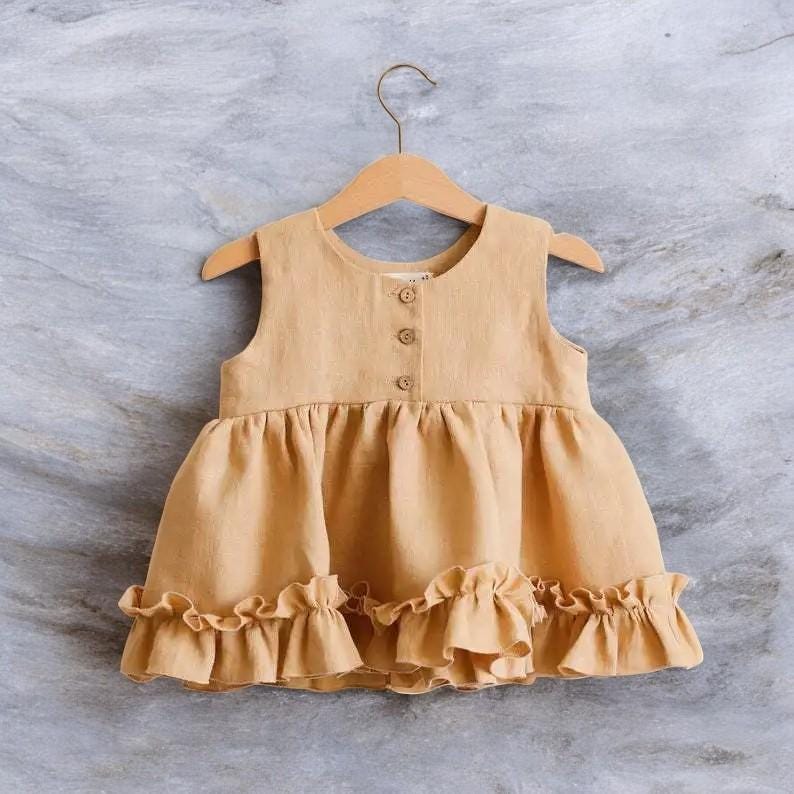 Linen Baby Girl Summer Dress Ruffle Tiered Cotton Tutu With Wooden ...