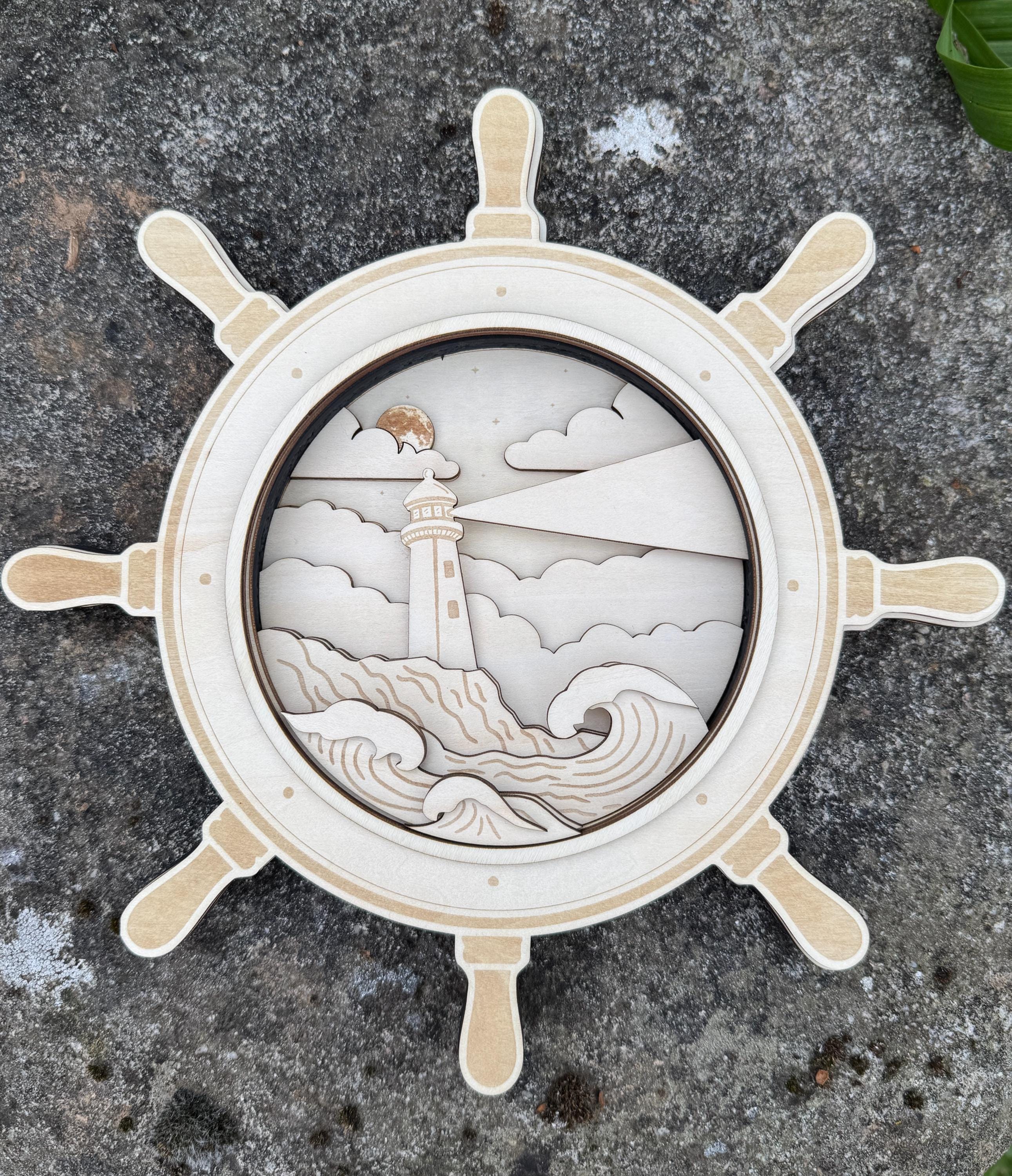 Multi-layer Lighthouse SVG File – Storm Scene in Ship Wheel Frame ...