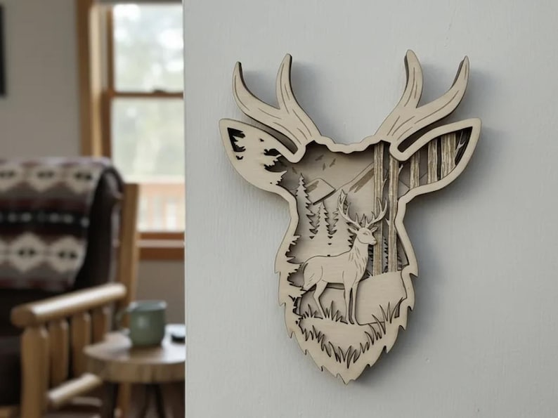 6 Layer Stag Head Forest Scene SVG | Deer Laser Cut File | Layered ...