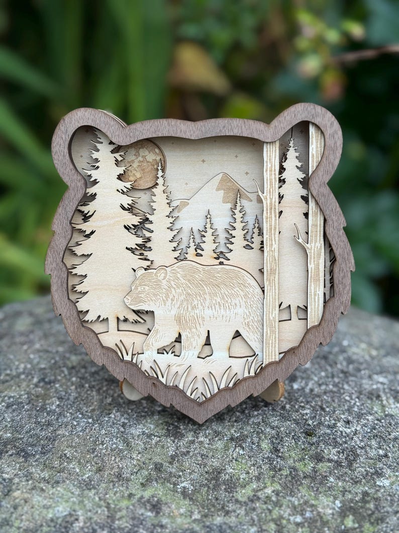 7 Layer Bear Head Forest Scene SVG | Layered Mountain Landscape Laser ...