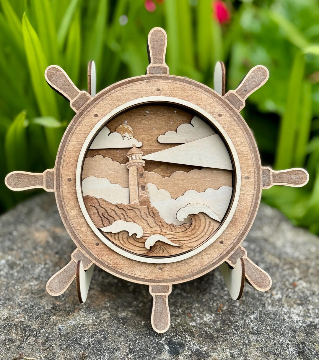 Multi-layer Lighthouse SVG File – Storm Scene in Ship Wheel Frame ...