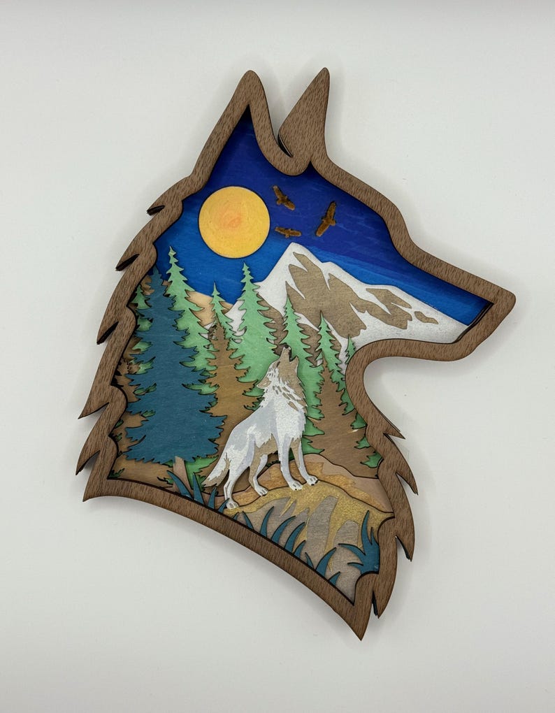 7 Layer Wolf Head Forest Scene SVG | Mountain Wildlife Laser Cut File ...
