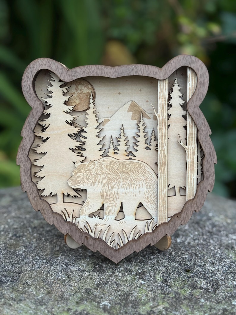 7 Layer Bear Head Forest Scene SVG | Layered Mountain Landscape Laser ...